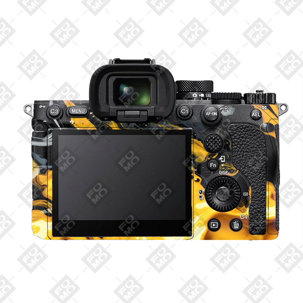 Yellow and Black Paint Swirls Sony A7RV Camera Skins
